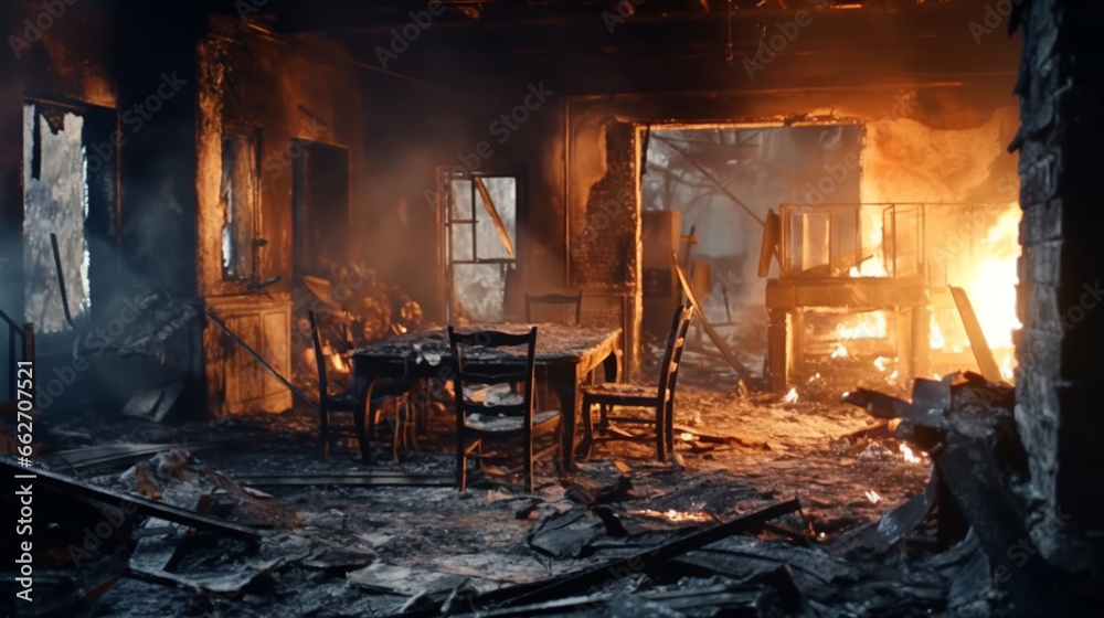 Aftermath of a house fire Ruined house interior in building after fire ...