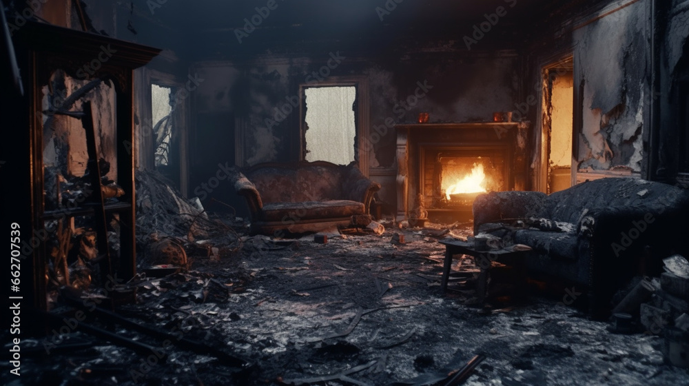 Aftermath of a house fire Ruined house interior in building after fire ...