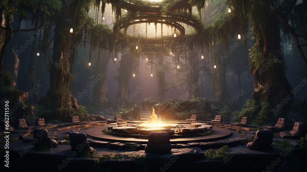 A mystical forest clearing with ancient, towering trees, their branches ...