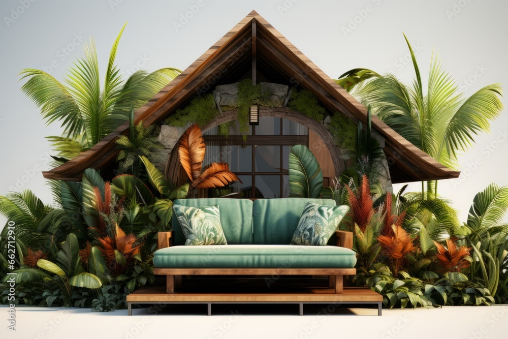 Tropical minimal cute house with a thatched roof, a tiki bar, and a ...