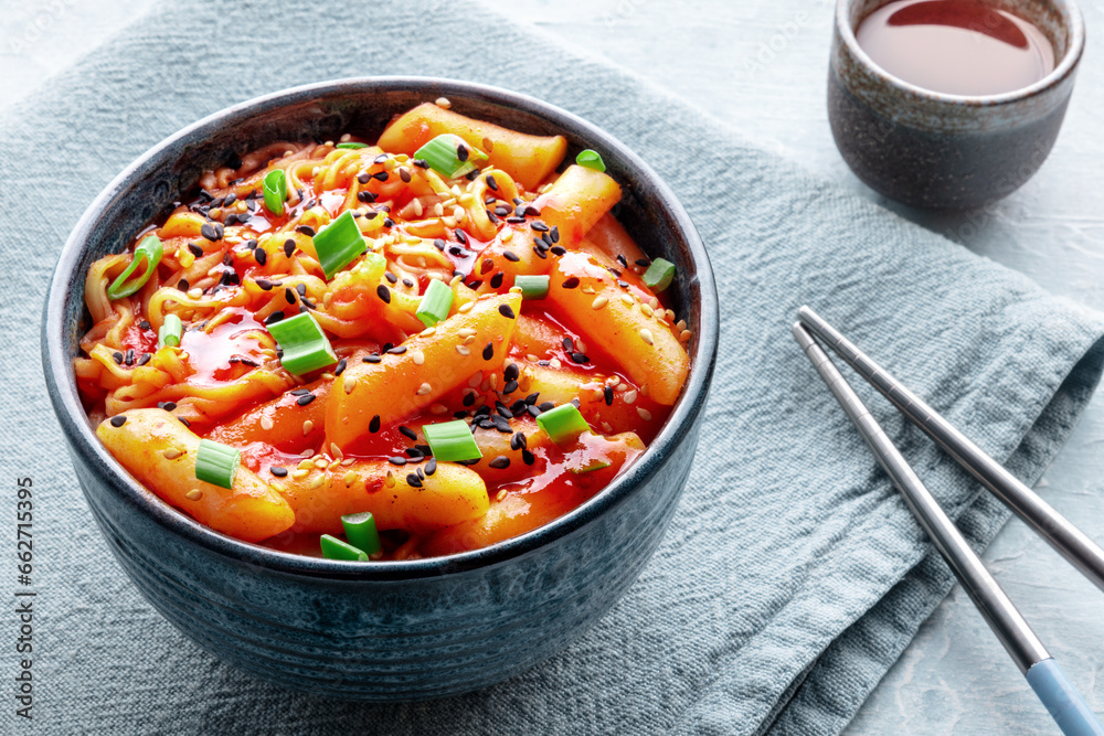 Rabokki, tteokbokki or topokki with ramen, Korean street food, spicy ...