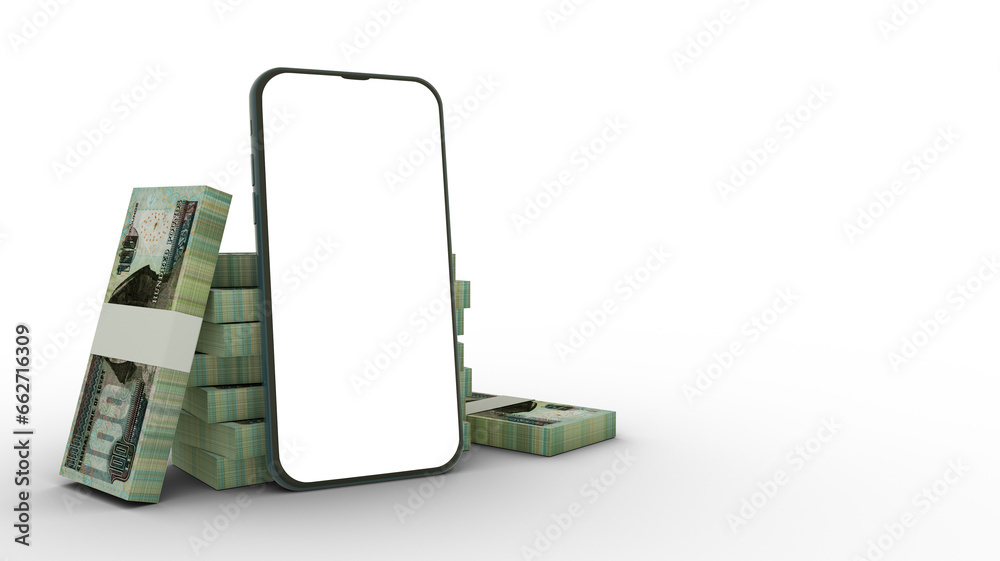 3D rendering of a mobile phone with blank screen and stacks of 100 ... 3D rendering of a mobile phone with blank screen and stacks of 100 ...