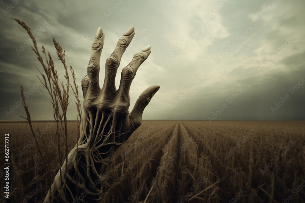Hand of the living dead protrudes from the ground into a field, creepy ...
