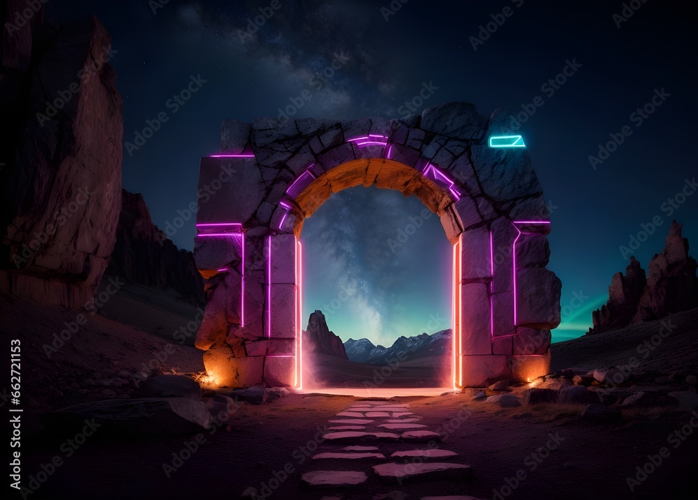 The portal of enigmatic stones stands as a surreal gateway to the cosmos, illuminated by the ...