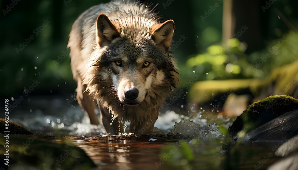 Wolf in the forest. Wolf in the water. Grey haired wolf walking around ...