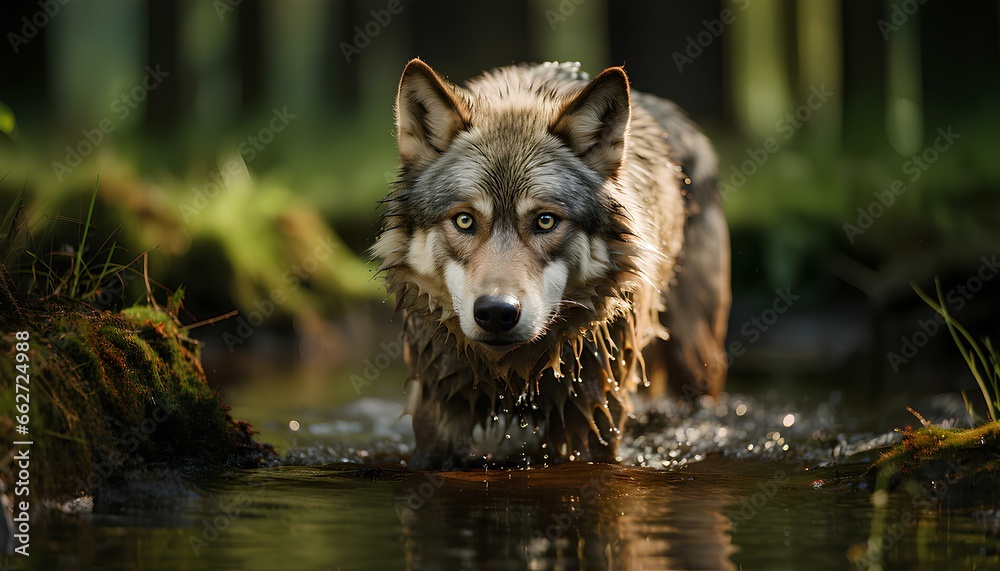 Wolf in the forest. Wolf in the water. Grey haired wolf walking around ...