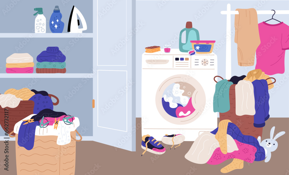 Cartoon home laundry room interior. Washing machine. Baskets with dirty ...