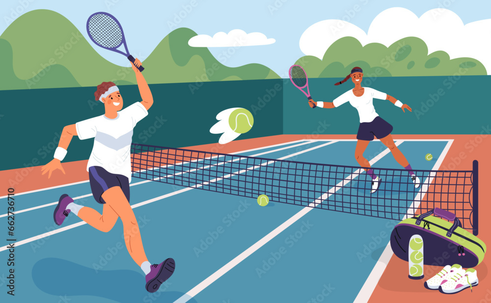 Lawn tennis players on court. Cartoon professional athletes hit ball ...