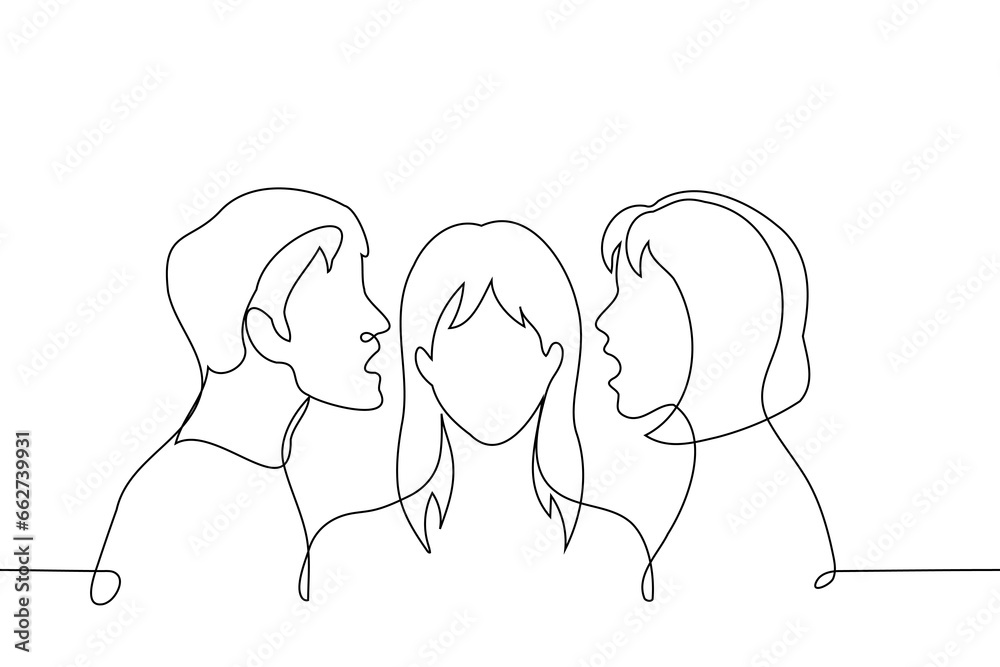 man and woman speak into the ear of a woman standing between them - one ...