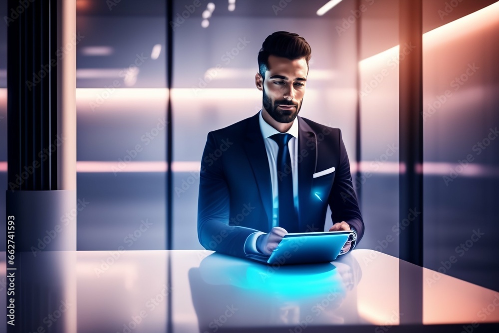 Dans un univers futuriste, homme d'affaires gère des données sur une ...