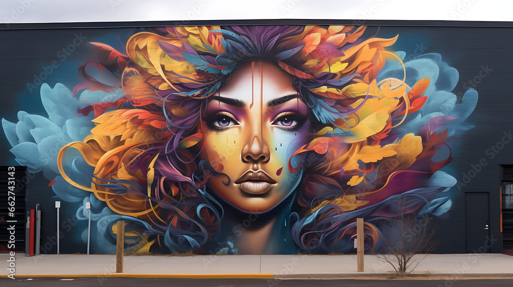 Produce an image of a talented street artist creating a large-scale ...