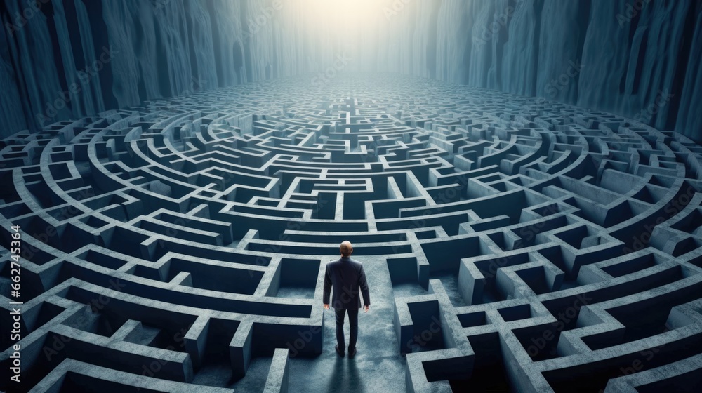Man in surreal maze, facing labyrinth challenge, complex problem ...