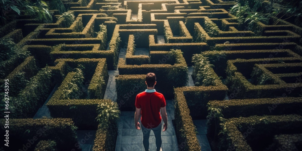 Man in surreal maze, facing labyrinth challenge, complex problem ...