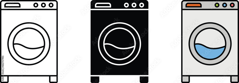 Washing machine equipment icons lined, isolated and colored version ...