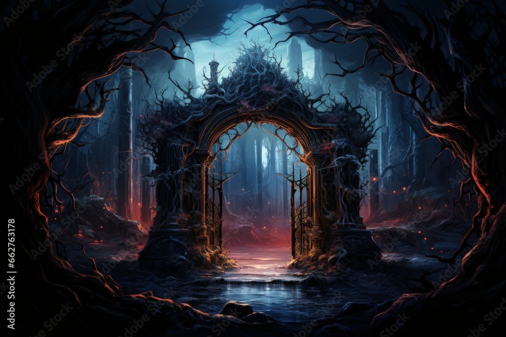 Enigmatic shadow gates, portals to realms shrouded in darkness and ...