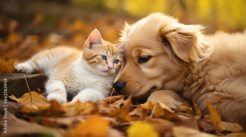 Cute dog and cat lying together on garden in autumn season nature ...