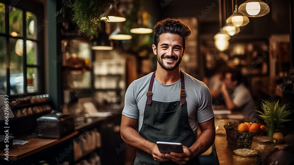 Portrait of happy man standing at doorway of her store. Cheerful mature ...