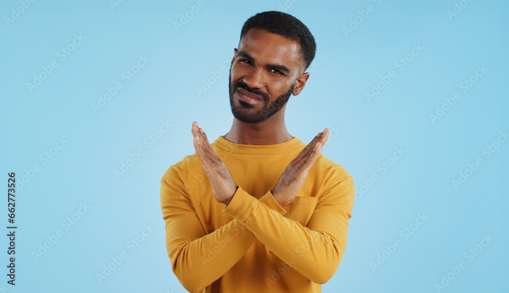 Shaking head, no and face of a man with stop, rejection and ...