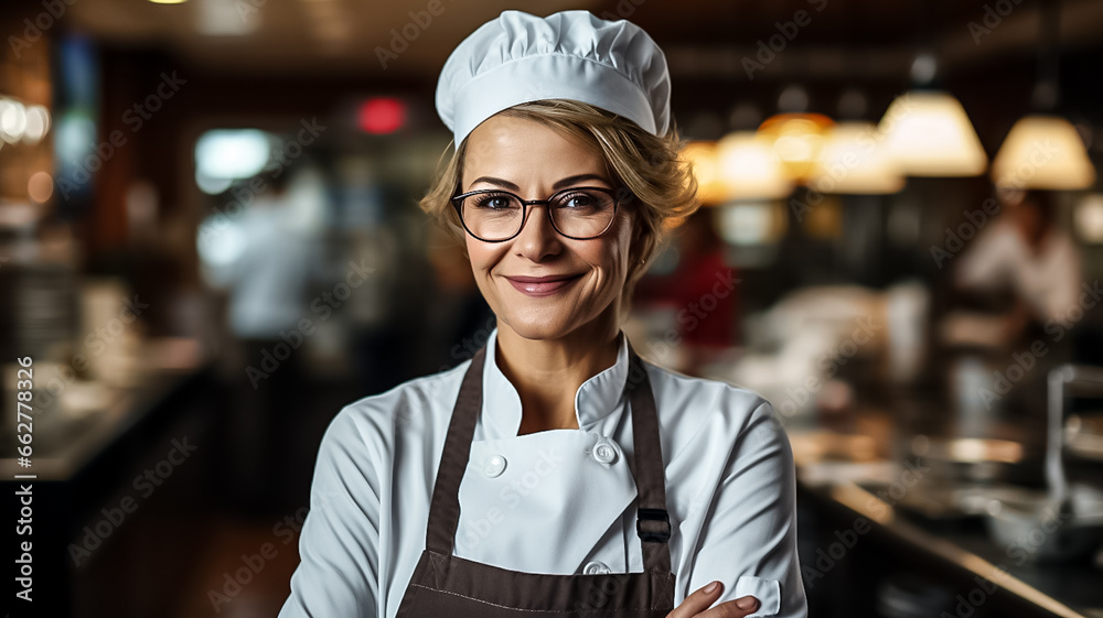 Happy Chef mature woman of a Big Restaurant Crosses Arms and Smiles in ...