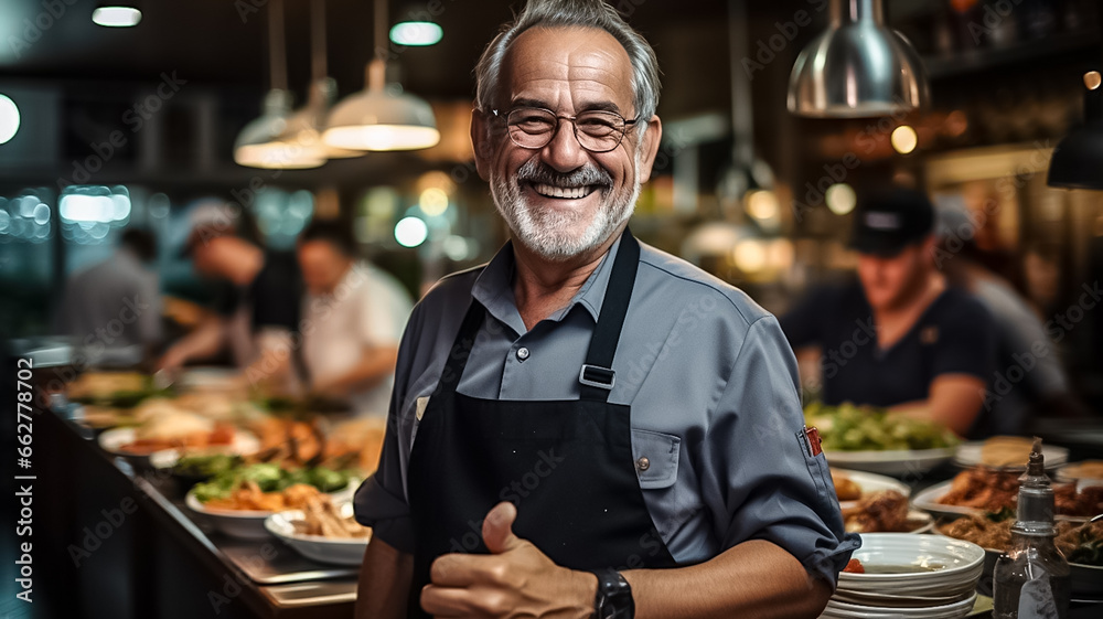 Happy Chef mature man of a Big Restaurant Crosses Arms and Smiles in a ...
