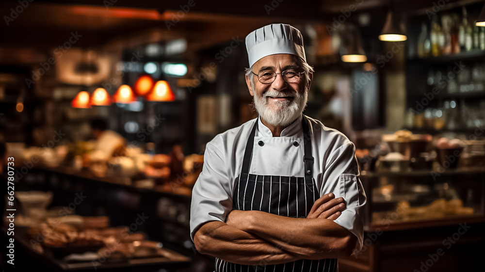 Happy Chef mature man of a Big Restaurant Crosses Arms and Smiles in a ...