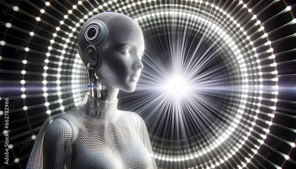 Ultra-realistic illustration of a robotic AI woman robot made of white ...