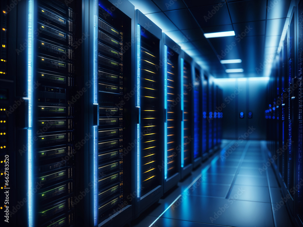 Modern server room for cloud computing. Server racks in data center ...