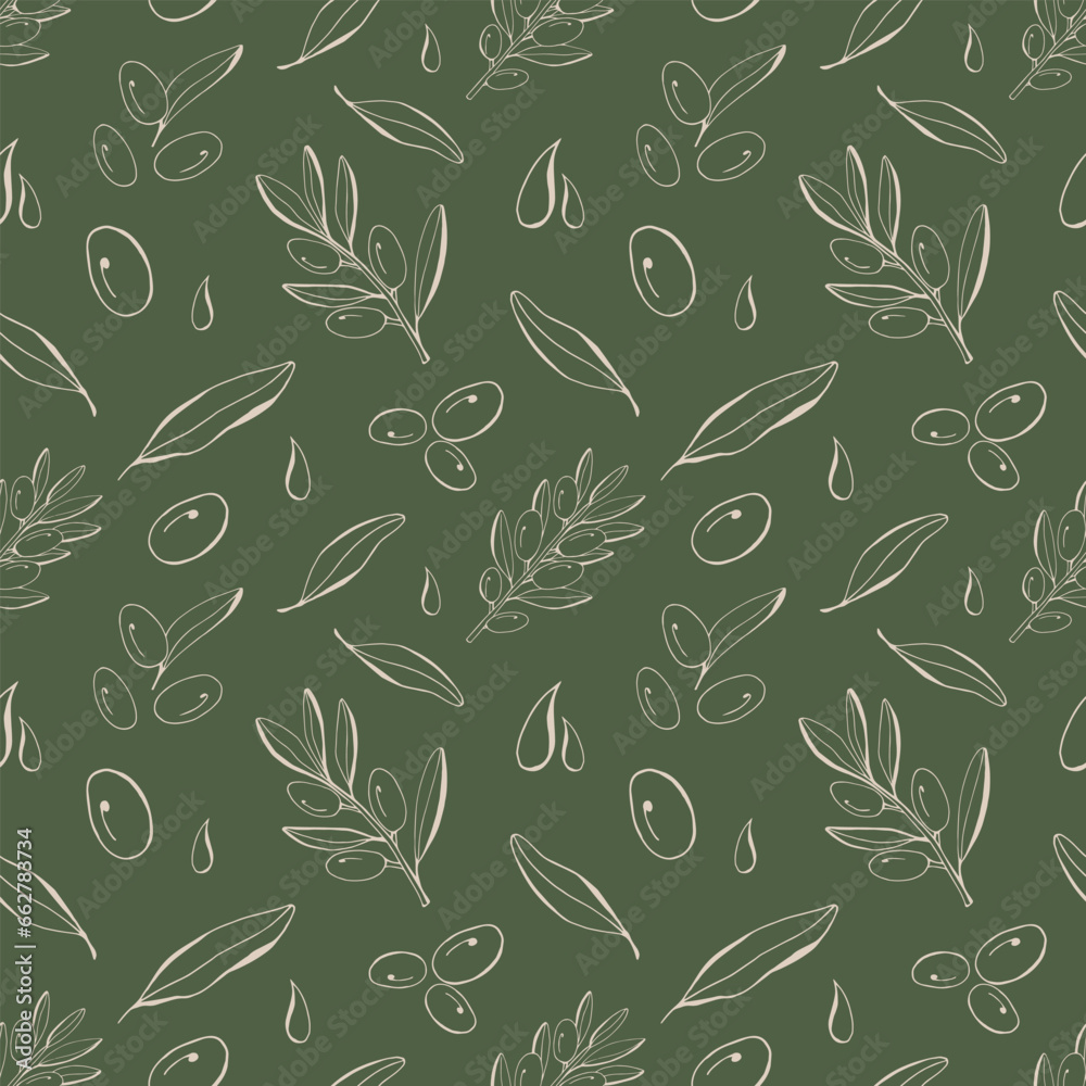 Olive line seemless pattern. Vector branch, sketch fruits, foliage and ...
