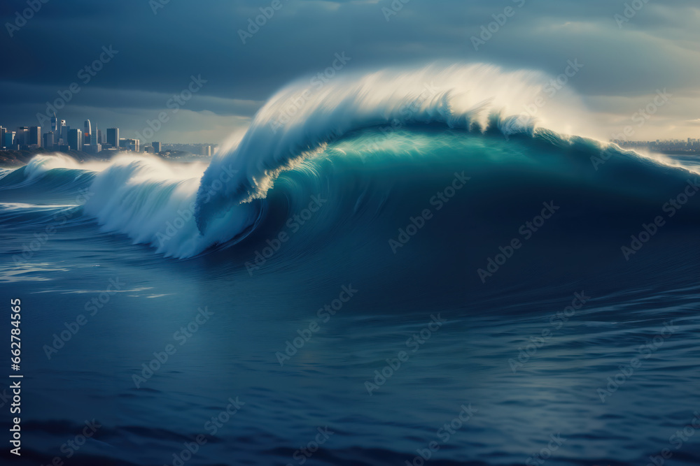 Huge tsunami wave approaching coastal city. Climate change leading to ...