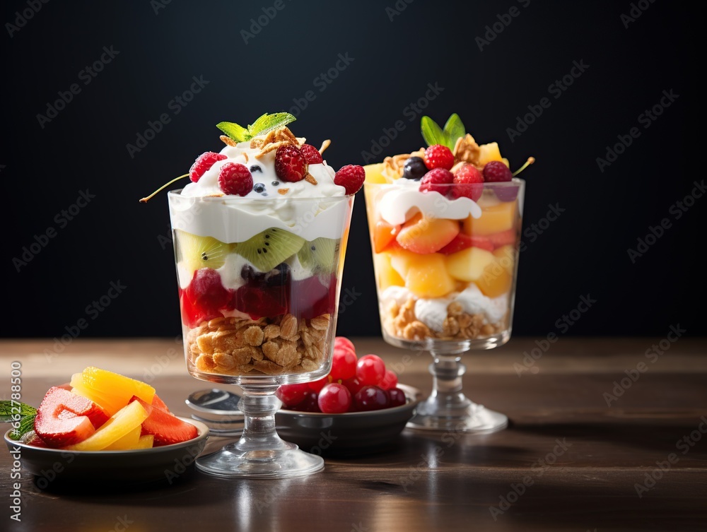 Parfait glasses with layered fruit salad and yogurt illustration ...