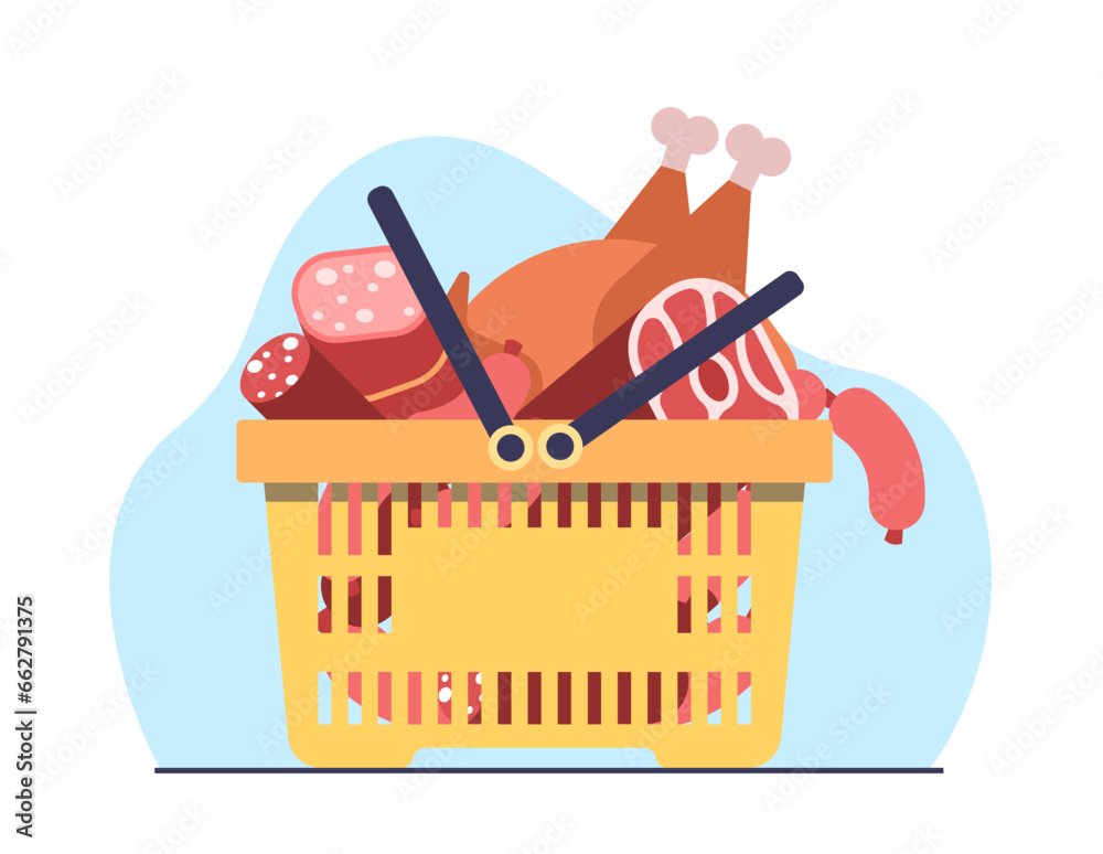 Basket filled with different kinds of meat products chops, sausages ...
