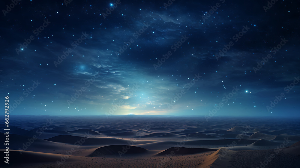 Produce a breathtaking visual of a starry night sky over a desert ...