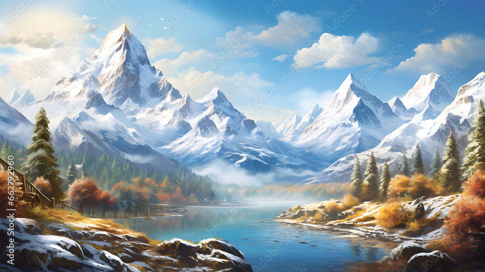 Produce a breathtaking visual of a snowy alpine landscape, with snow ...
