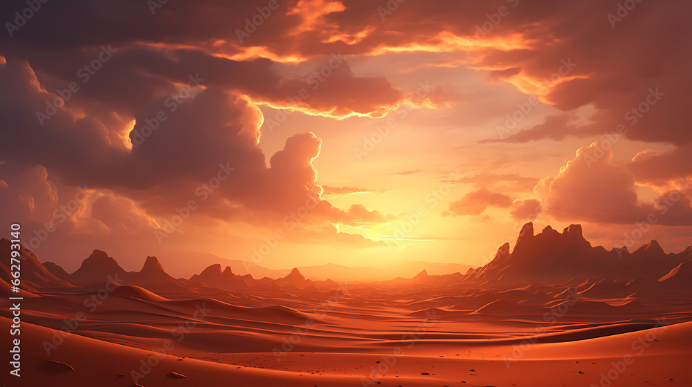 Produce a breathtaking visual of a desert landscape at sunset, with ...