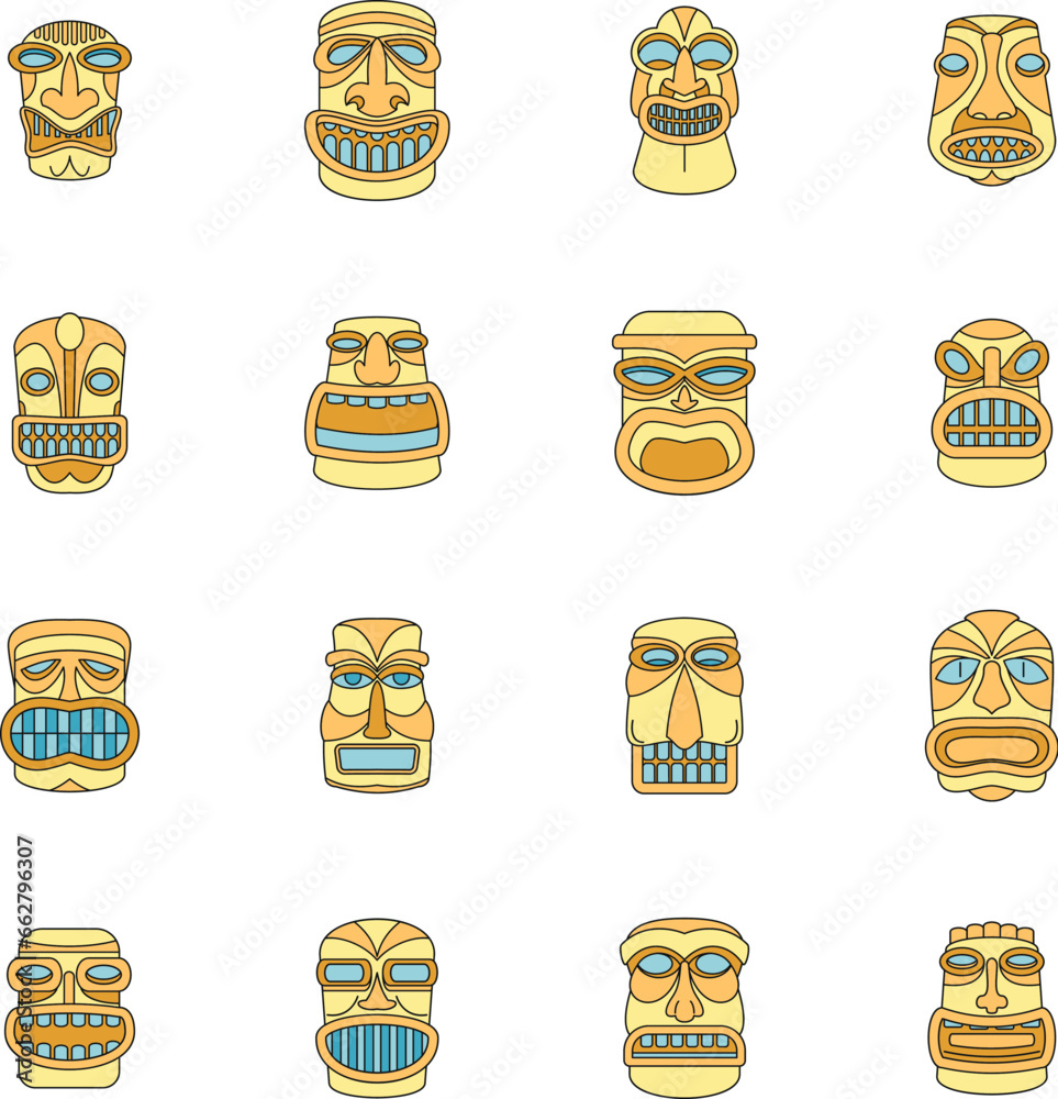 Tiki idol aztec hawaii face icons set. Outline illustration of 16 tiki ...