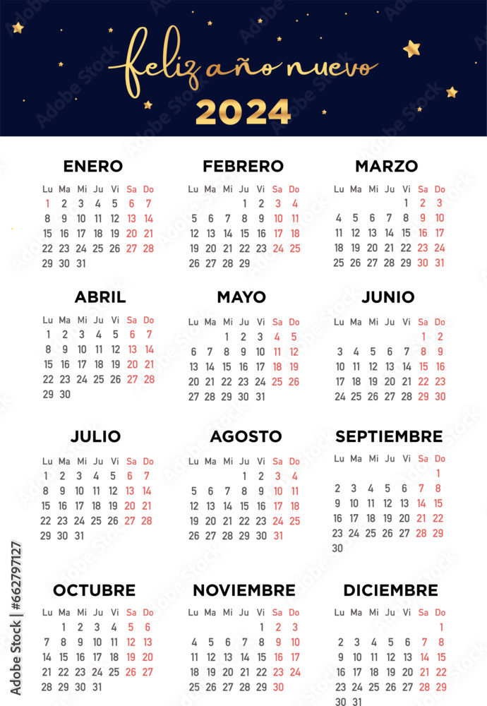 Calendario 2024 español. Semana comienza el lunes Stock Vector | Adobe ...