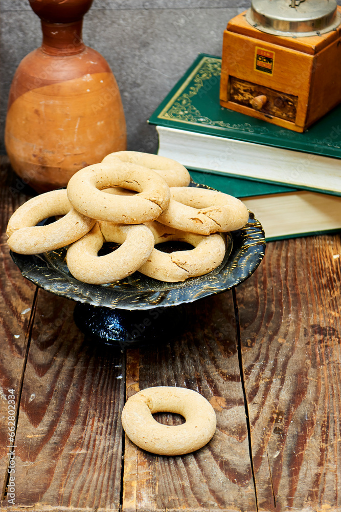 Traditional festive Algerian Kaak dry cookies ring named " kaak of ...