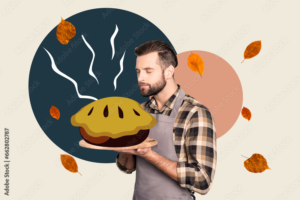 Artwork collage picture of baker guy apron hands hold fresh baked pie ...