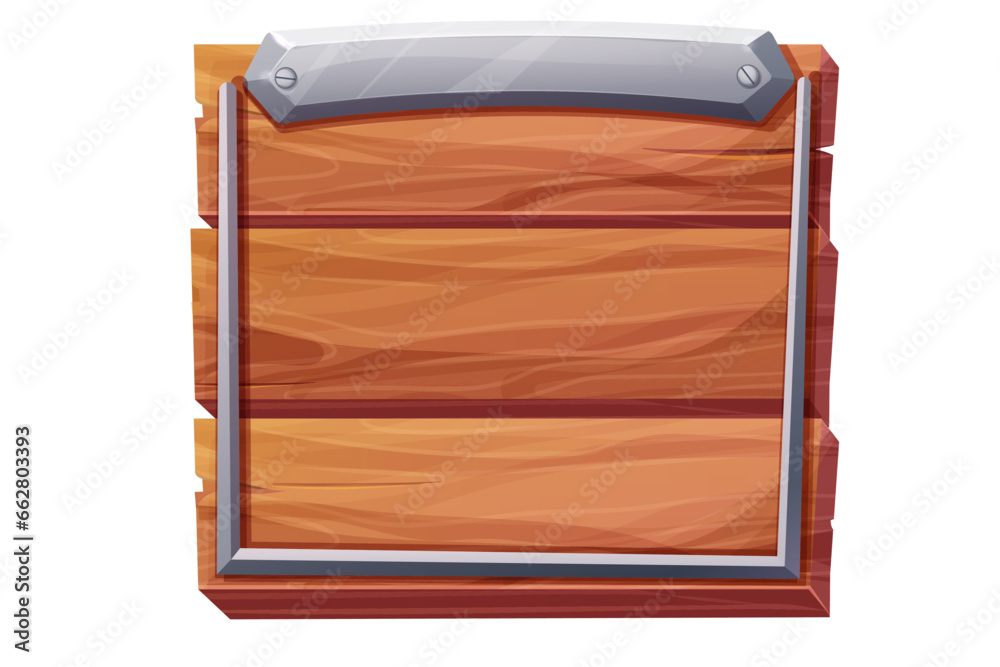 Wood panel with metal border, frame in cartoon style isolated on white ...