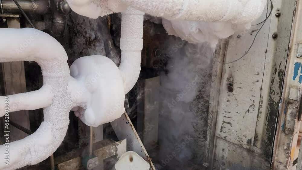Frost iced with cooling steam motion on the surface pipeline of ...