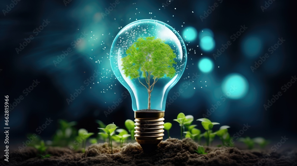 Tree with soil growing on Light bulb. Digital Convergence and and ...