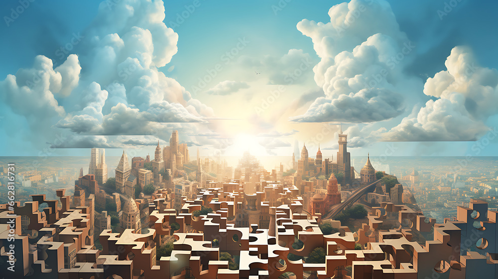 An image of a surreal cityscape, where buildings are made of giant ...