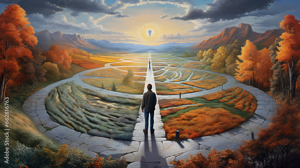 A Thought Provoking Visual Of A Person Standing At A Crossroads With Multiple Paths Leading To