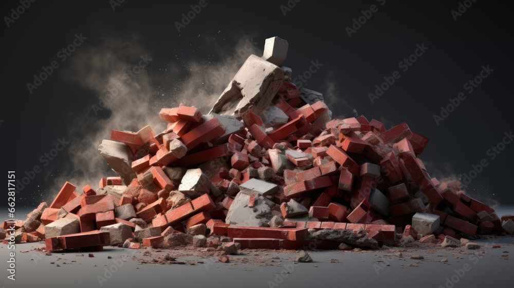 Construction waste. A pile of red broken bricks, concrete debris and rubble. Demolition rubble ...