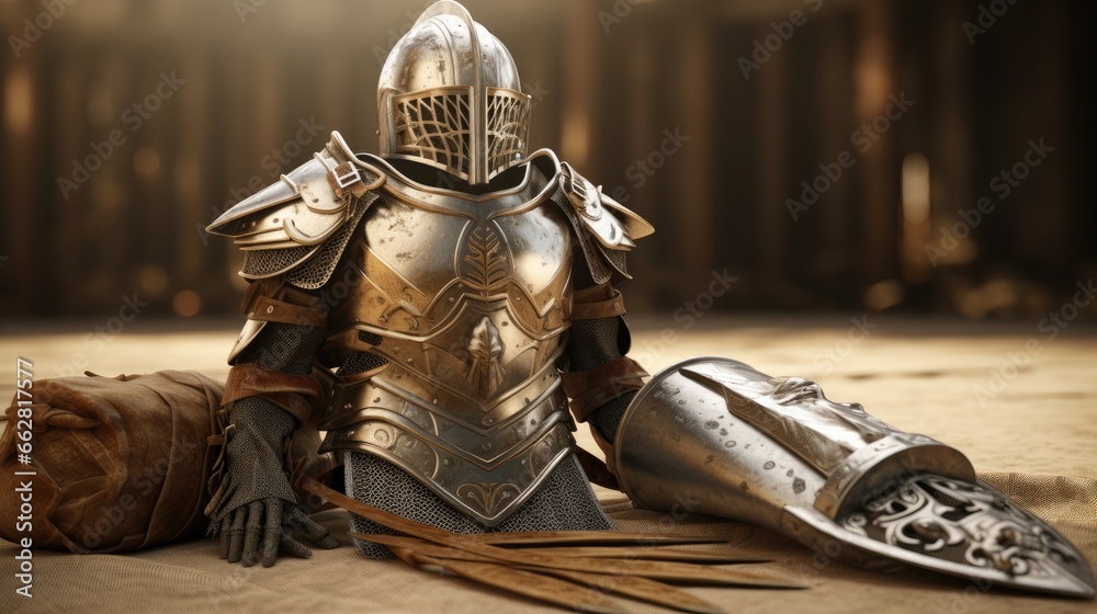 3D illustration of armor of God with helmet of salvation, breastplate ...