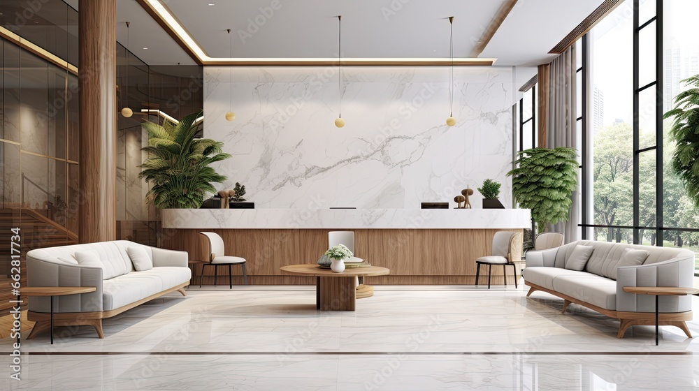 Elegance modern reception interior in white marble and wood style with ...