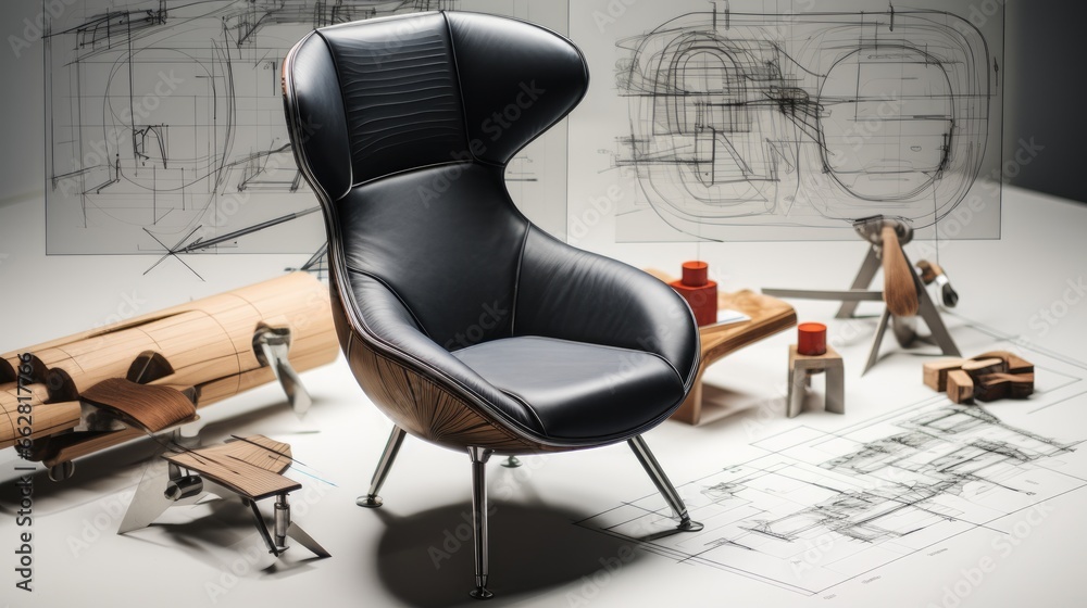 Designer sketching drawing design development product plan draft chair ...