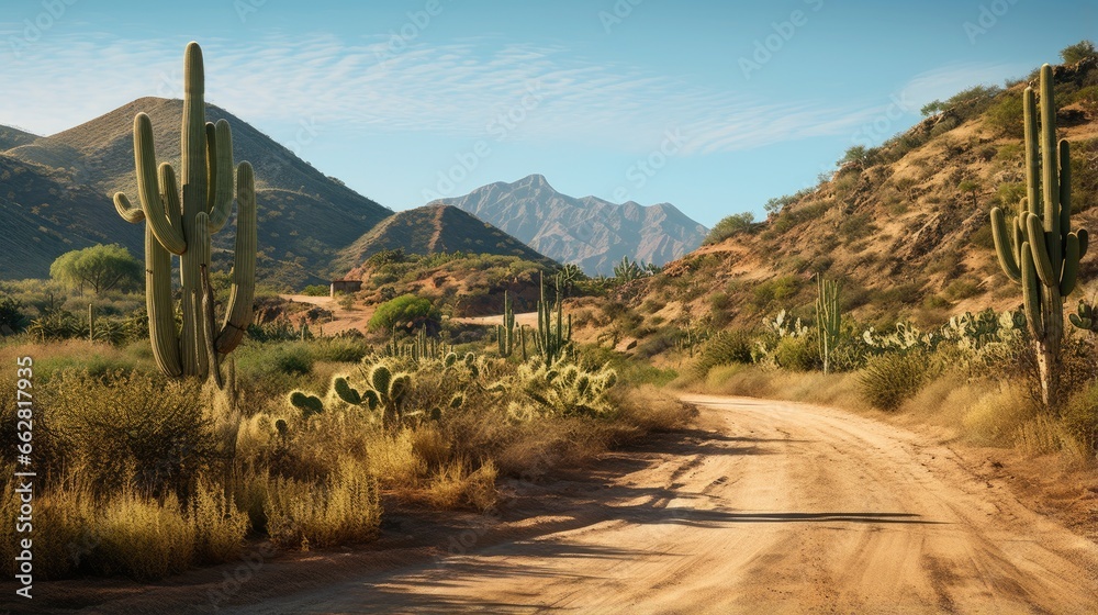 Rural sandy road in the Mexican desert, surrounded by giant cactus ...