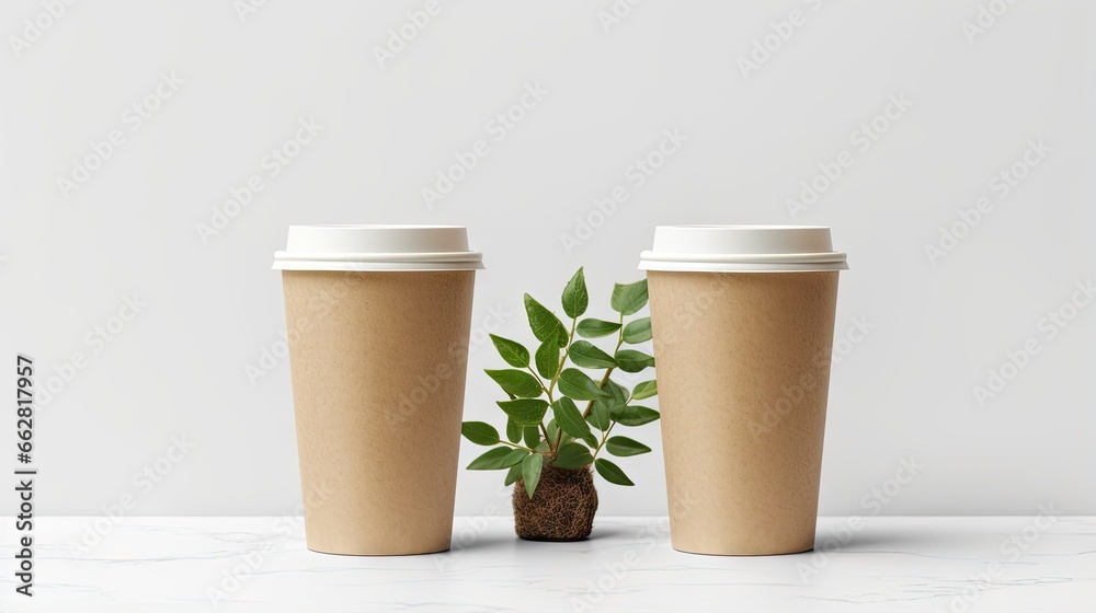 Banner with eco-friendly coffee to go cups - kraft paper cup with green ...