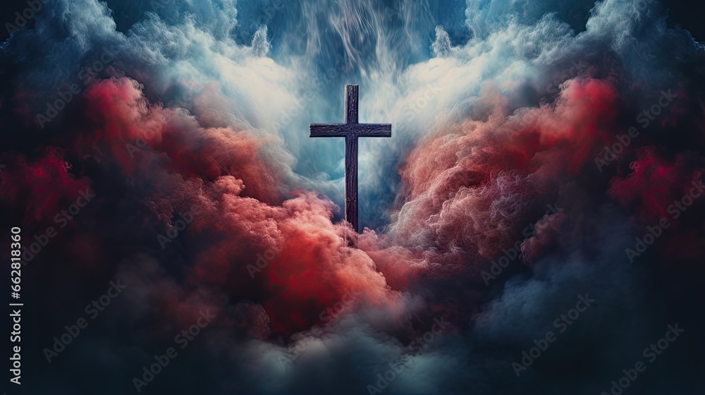 Christian cross surrounded by red and blue smoke symbolizing Heaven and ...